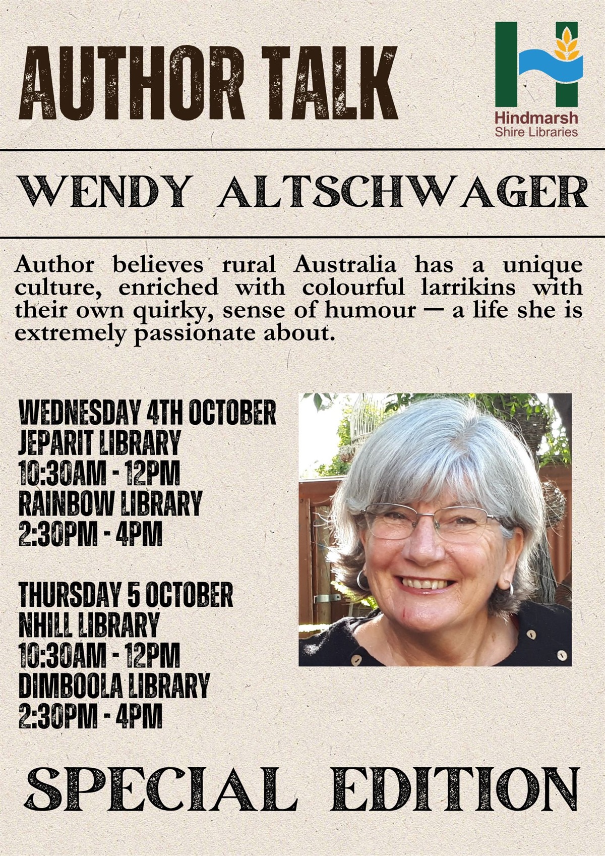 Author Talk - Wendy Altschwager Hindmarsh Shire Council